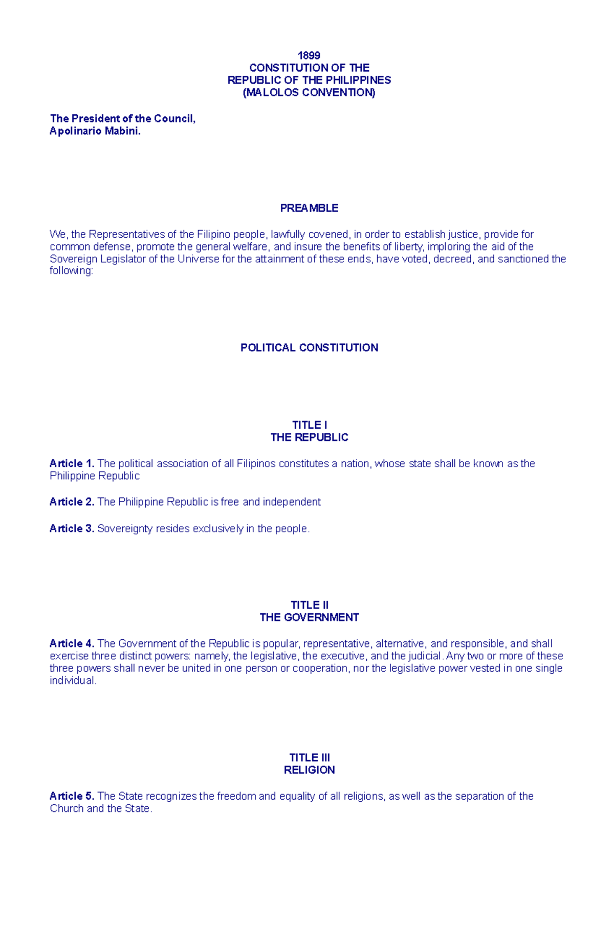 1899 Malolos Constitution - 1899 CONSTITUTION OF THE REPUBLIC OF THE ...