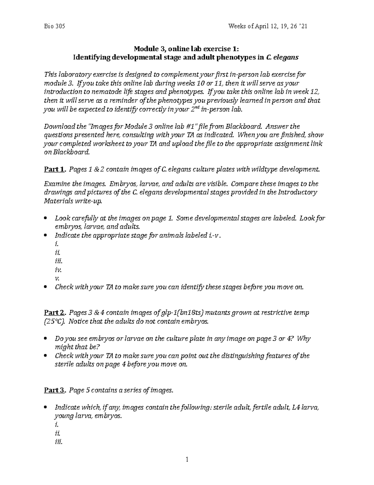 Bio 305 Module 3 online lab worksheet 1 - Bio 305 Weeks of April 12, 19 ...
