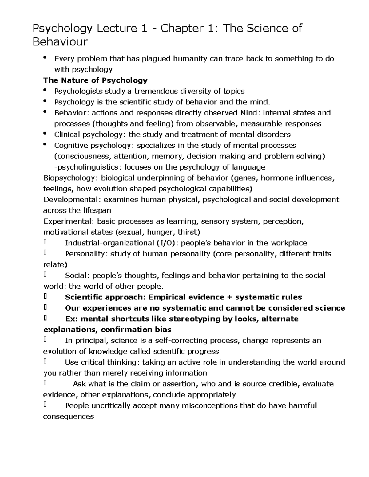 Psychology Lecture 1: The Nature of Psychology - Psychology Lecture 1 - Chapter 1: The Science ...