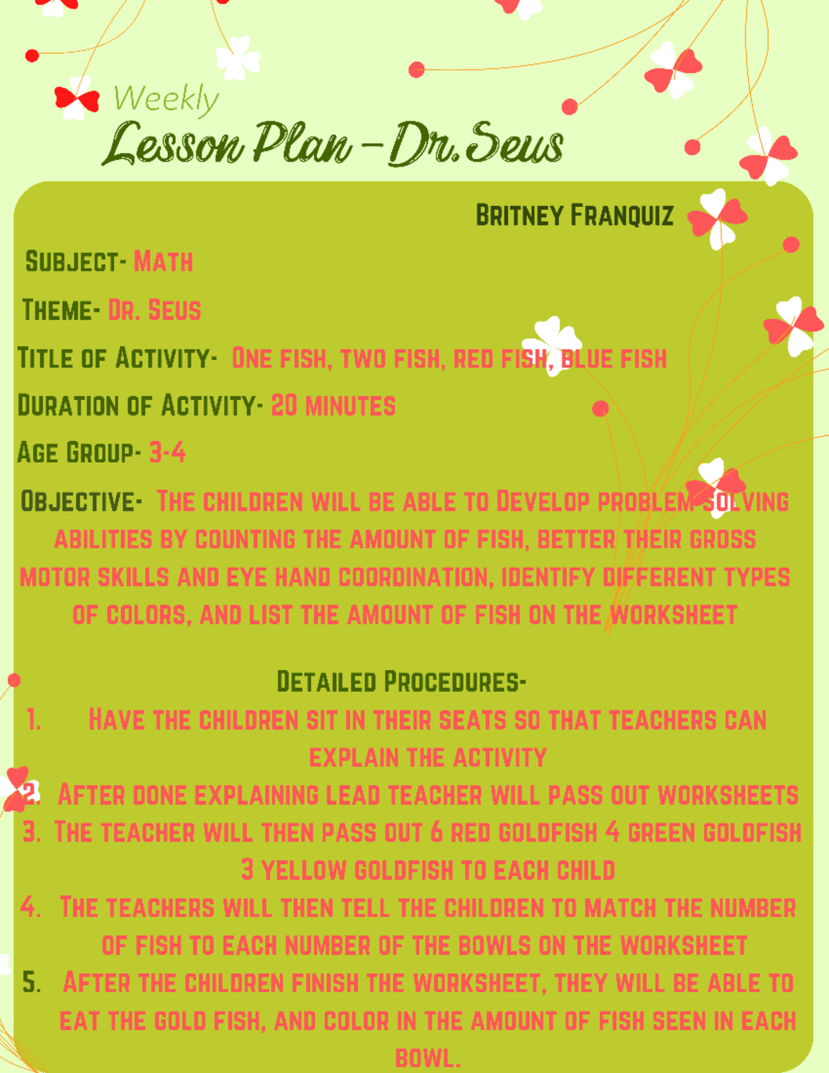 Dr Seus Math Lessson - answer questions and or write down the correct ...