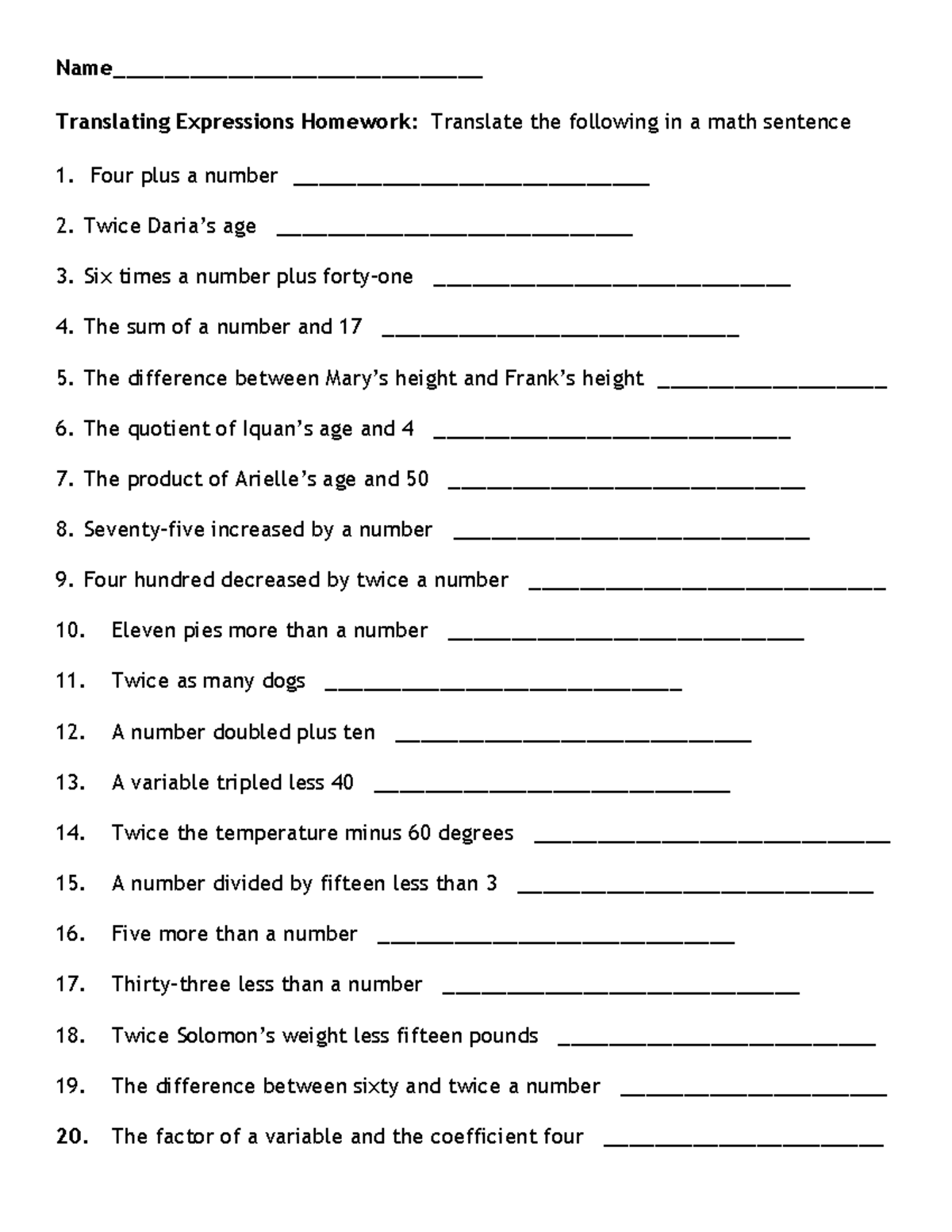 - Expressions and Equations Packet - Name ...