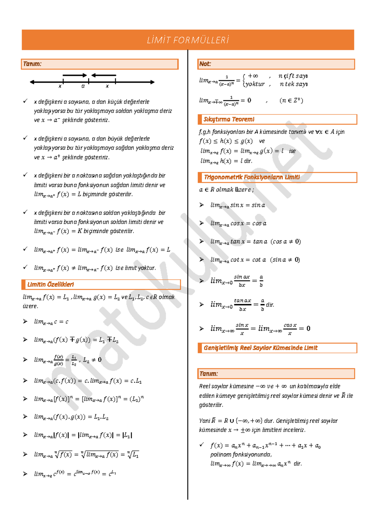 LİMİT- Formüllerİ - math - LİMİT FORMÜLLERİ Tanım: x a x x değişkeni a ...