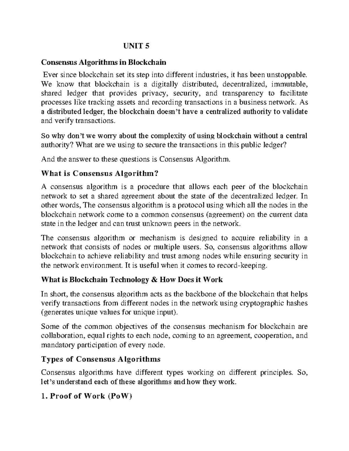 UNIT 5 - blockchin - UNIT 5 Consensus Algorithms in Blockchain Ever ...