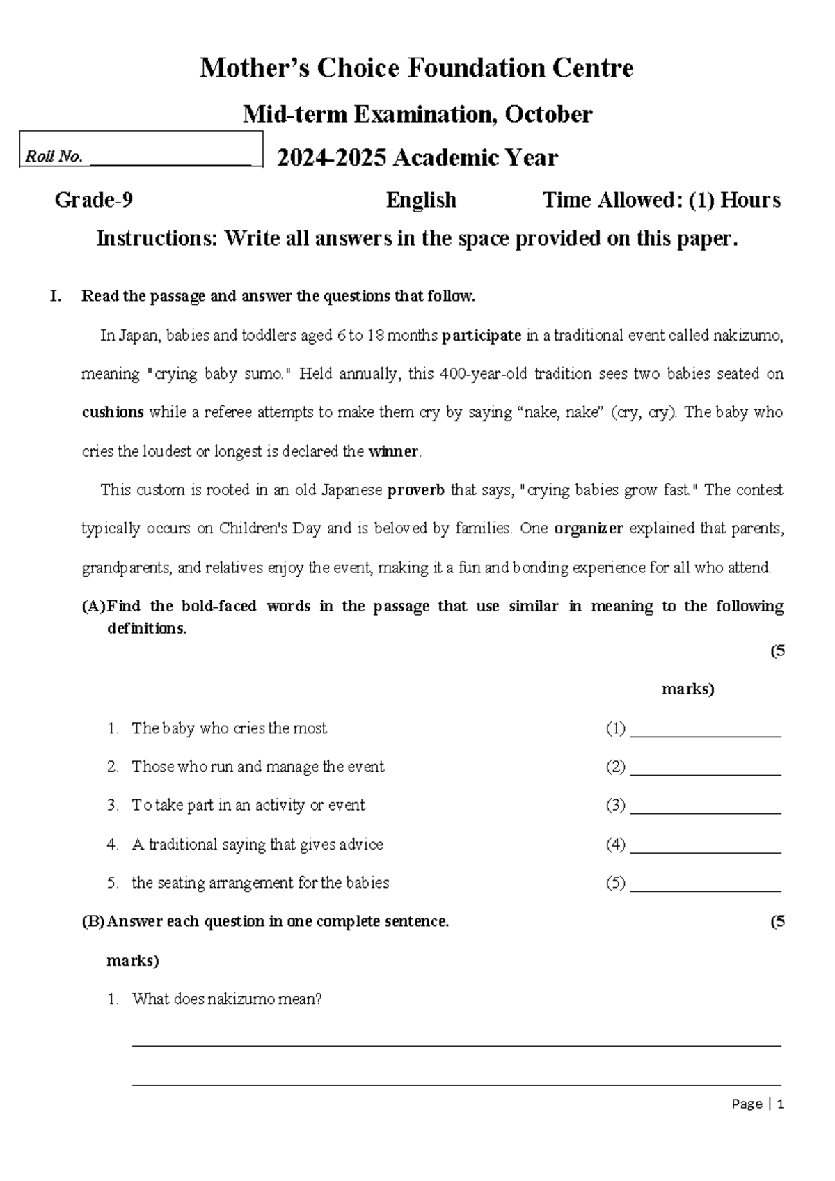 Mid-term 50 - Exam paper - Mother’s Choice Foundation Centre Mid-term ...