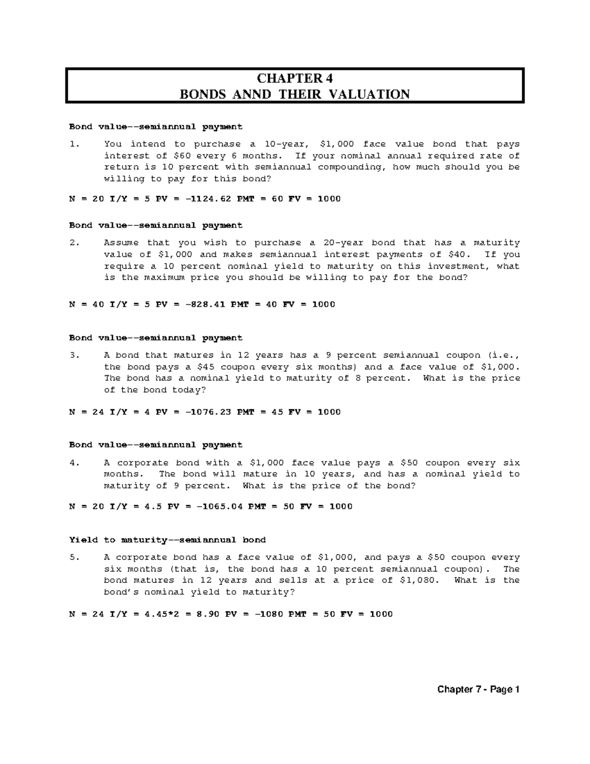 BOND Valuation - Test student understanding on financials - Chapter 7 ...