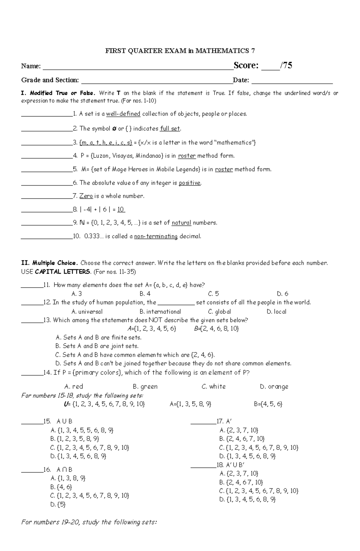 424959081 First Quarter EXAM Mathematics 7 docx - FIRST QUARTER EXAM in ...