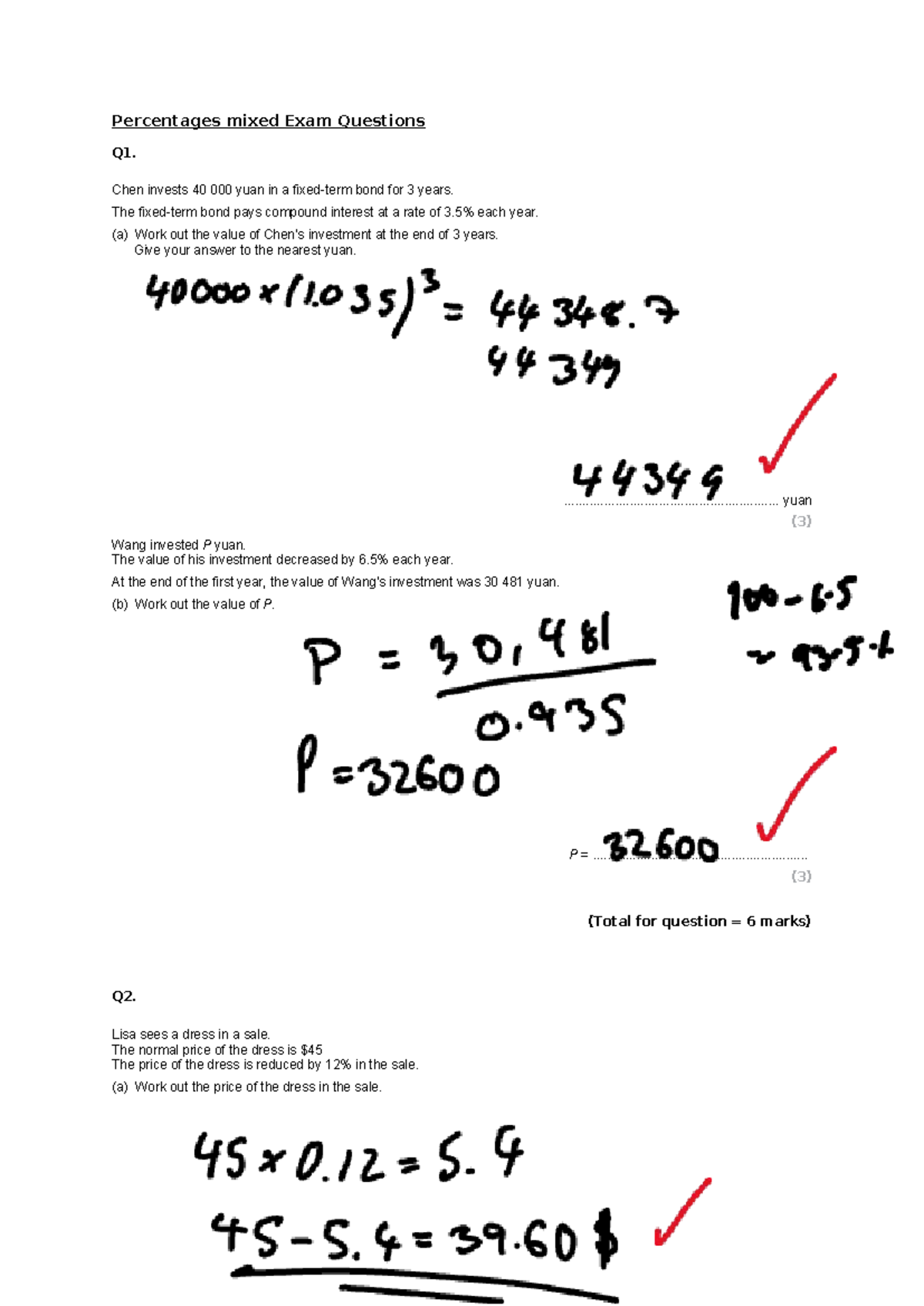 Maths revision - math - Percentages mixed Exam Questions Q1. Chen ...