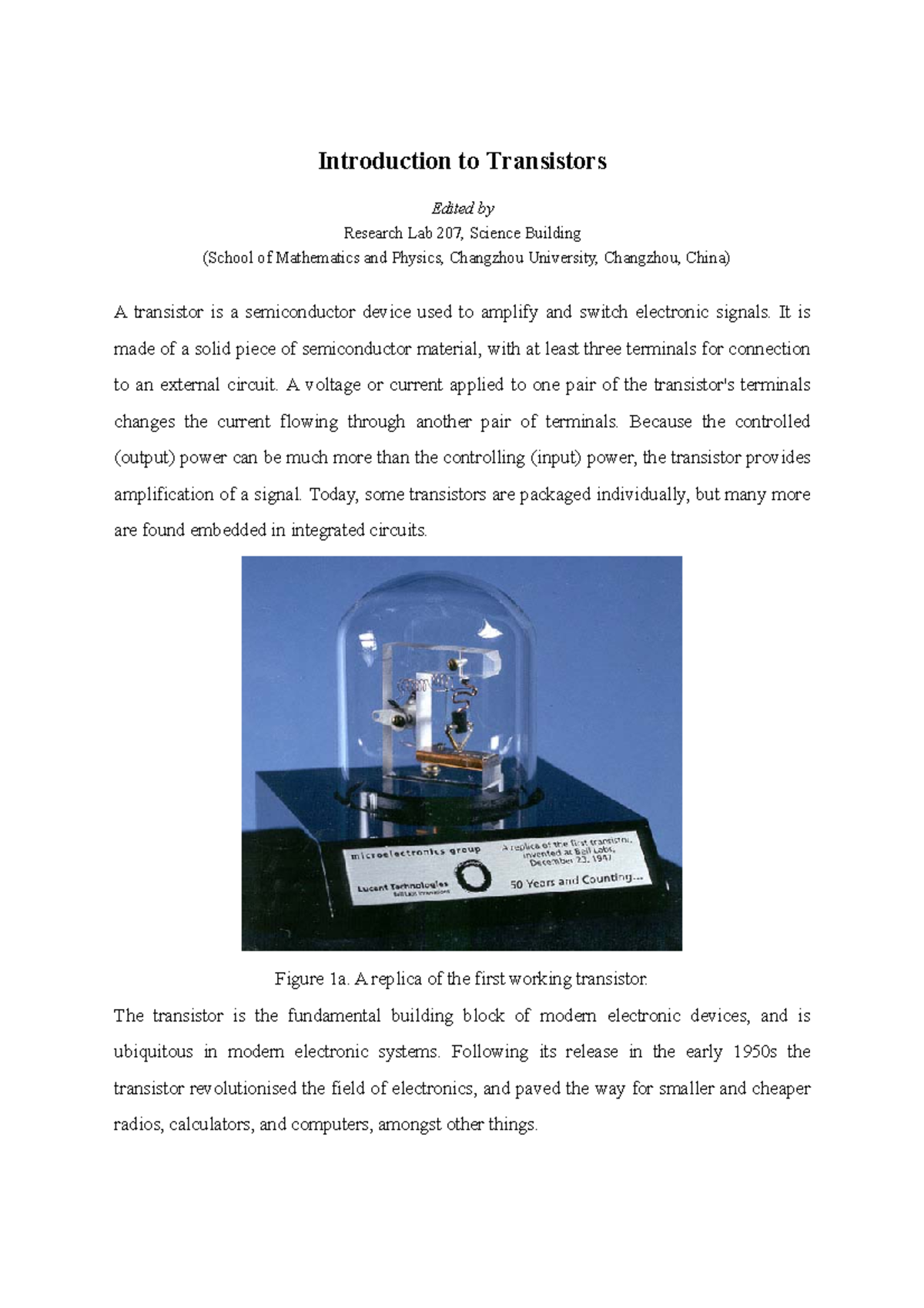 Introduction-transistors - Introduction to Transistors Edited by Research Lab 207, Science ...