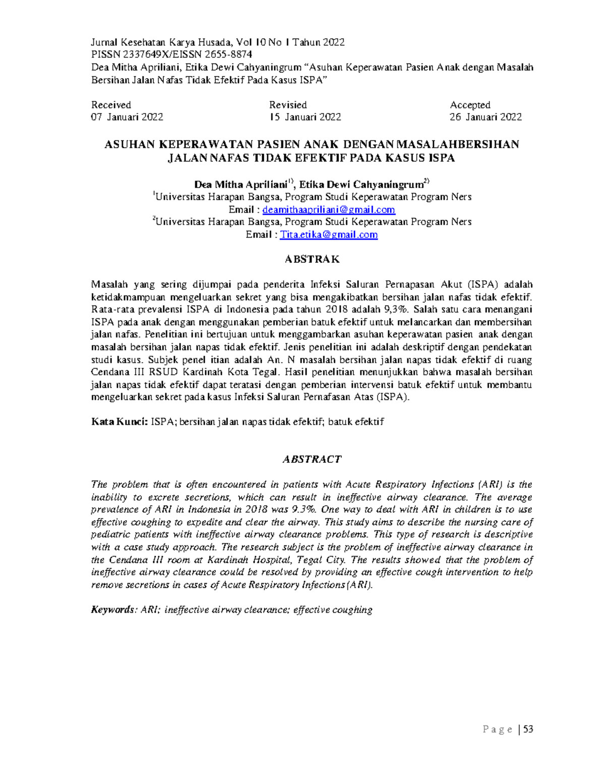 86. Asuhan Keperawatan Pasien ANAK Dengan Masalahbersihan Jalan Nafas Tidak Efektif PADA Kasus ...