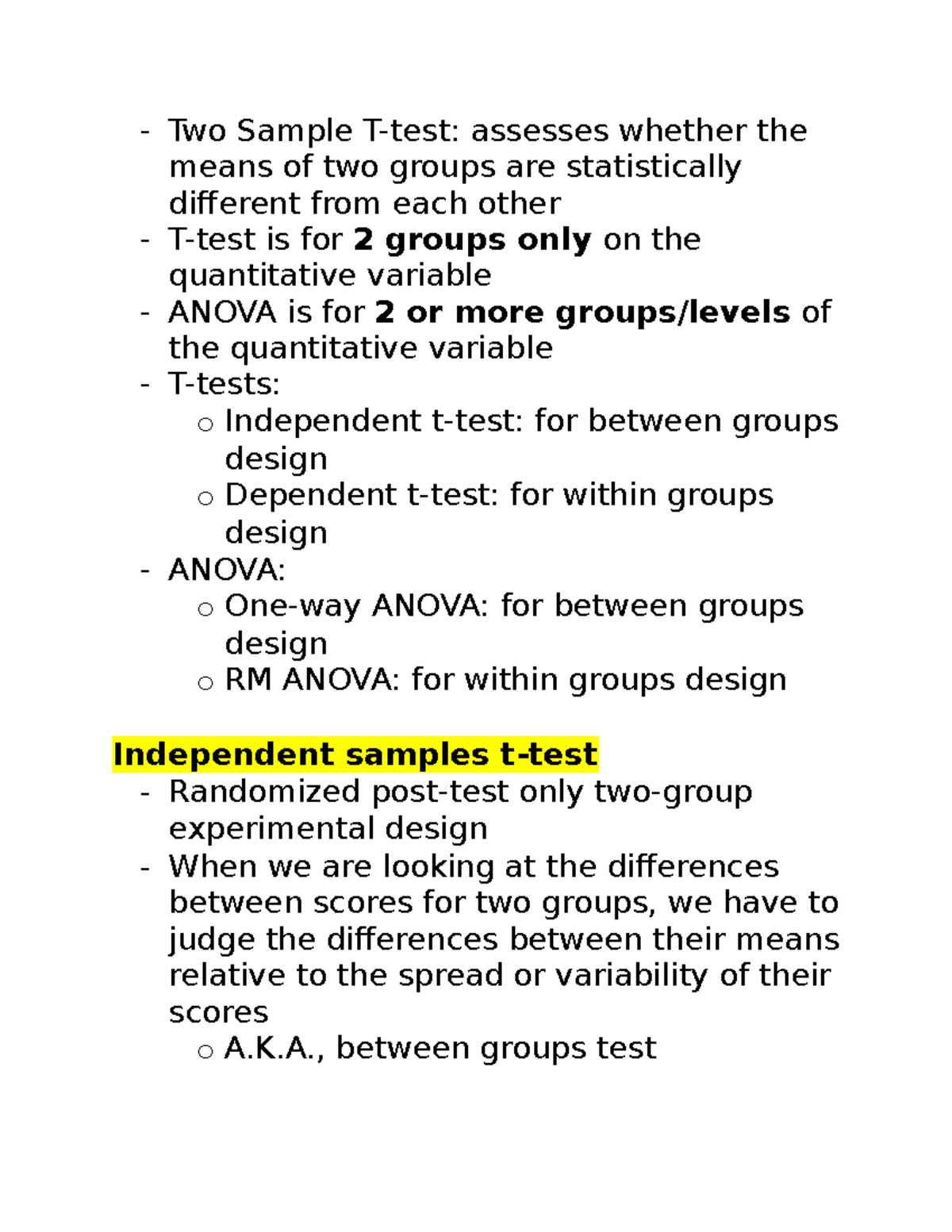 Exam3 - Two Sample T-test: assesses whether the means of two groups are ...