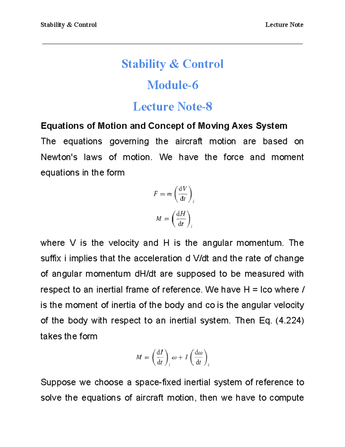 Stability & Control Module 6 Lecture Note 8 - Stability & Control ...