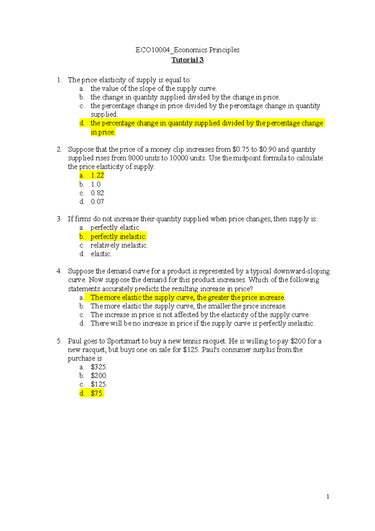 Tut 3 Eco - Tutorial work - ECO10004_Economics Principles Tutorial 3 ...