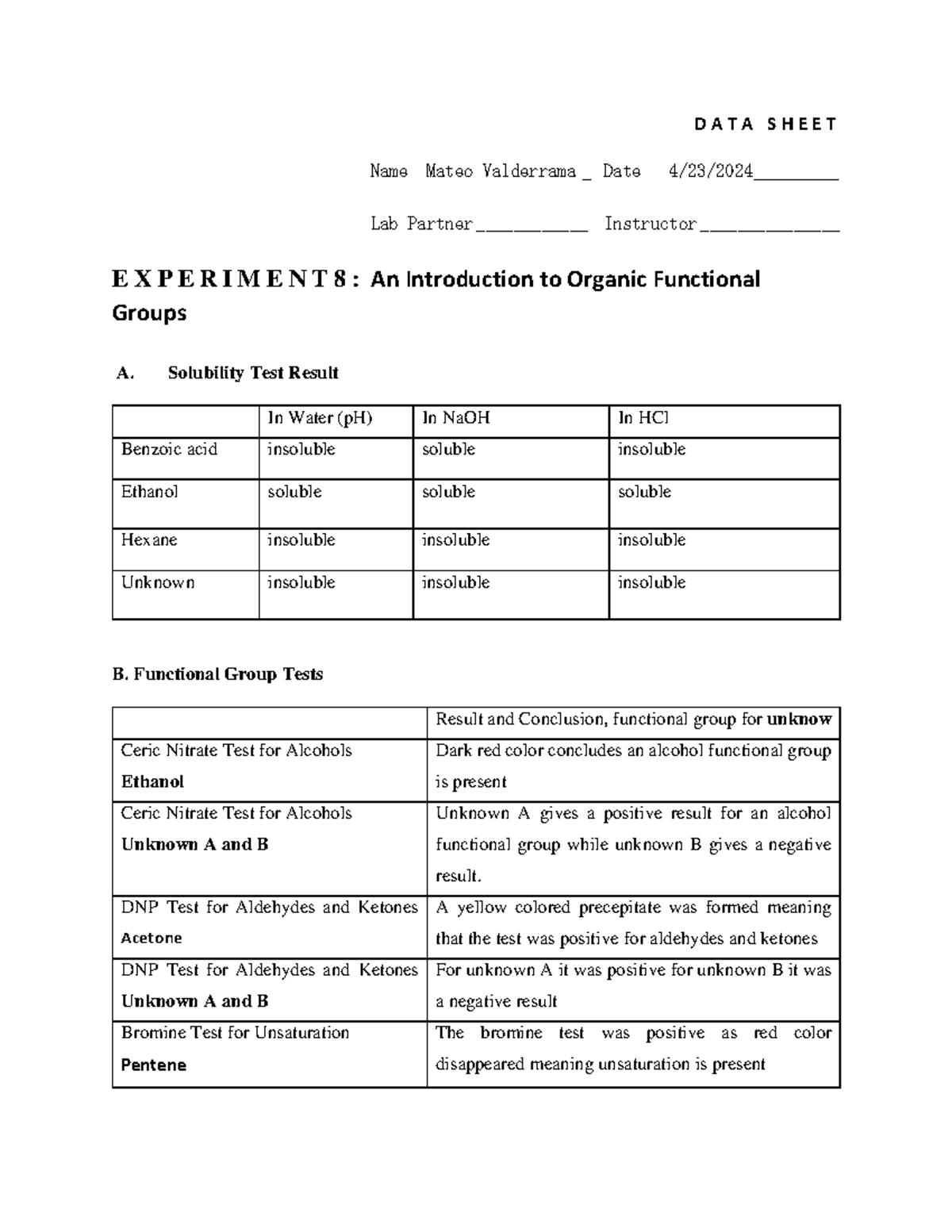 CHM1046L Exp 8 Data Sheet - D A T A S H E E T Name Mateo Valderrama ...