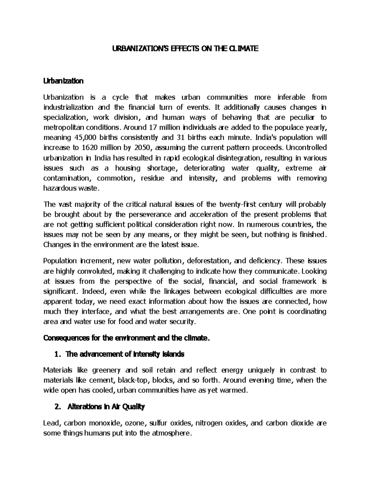 Urbanization'S Effects ON THE Climate - URBANIZATION'S EFFECTS ON THE ...