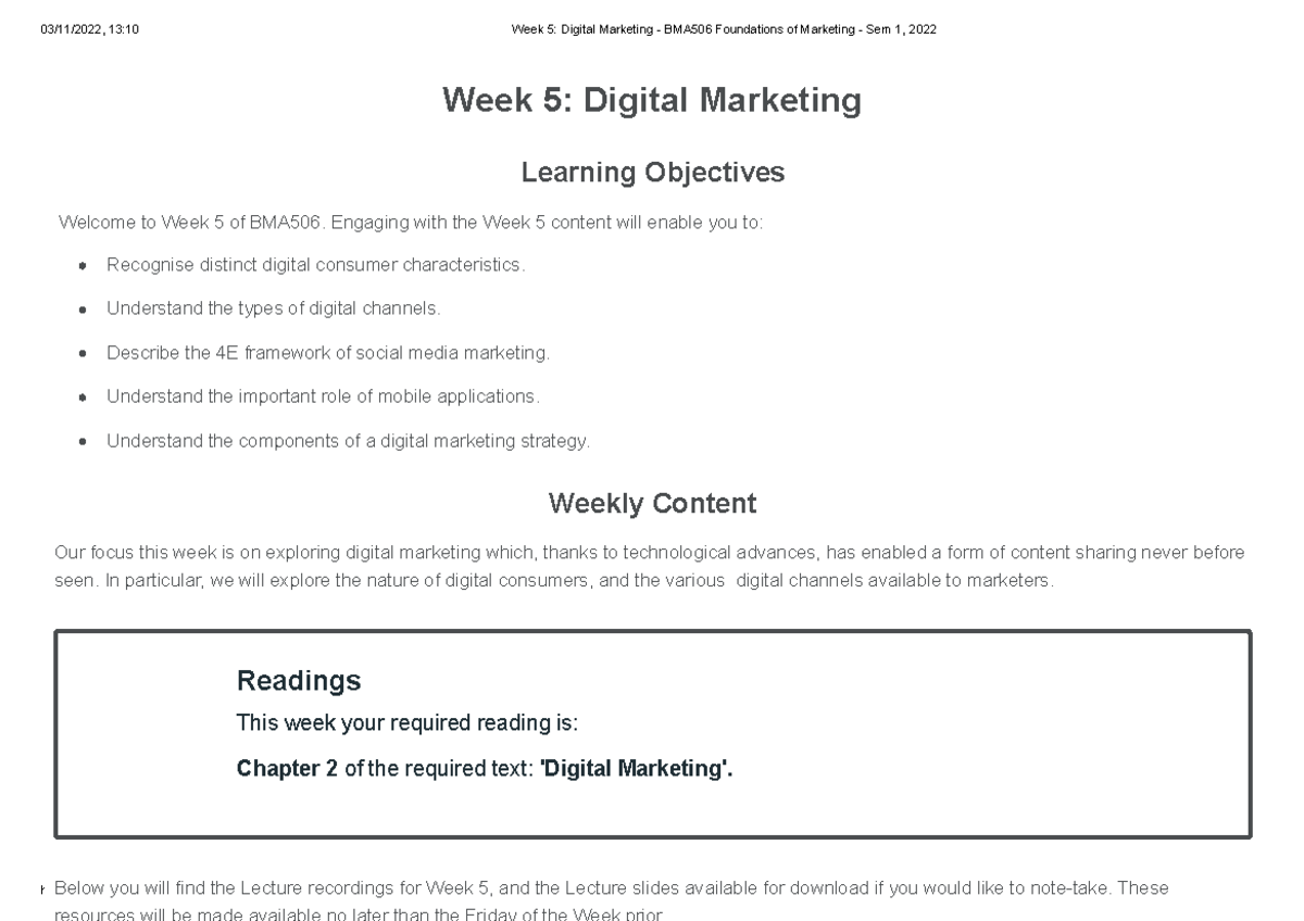 Week 5 Digital Marketing - BMA506 Foundations of Marketing - Sem 1 ...