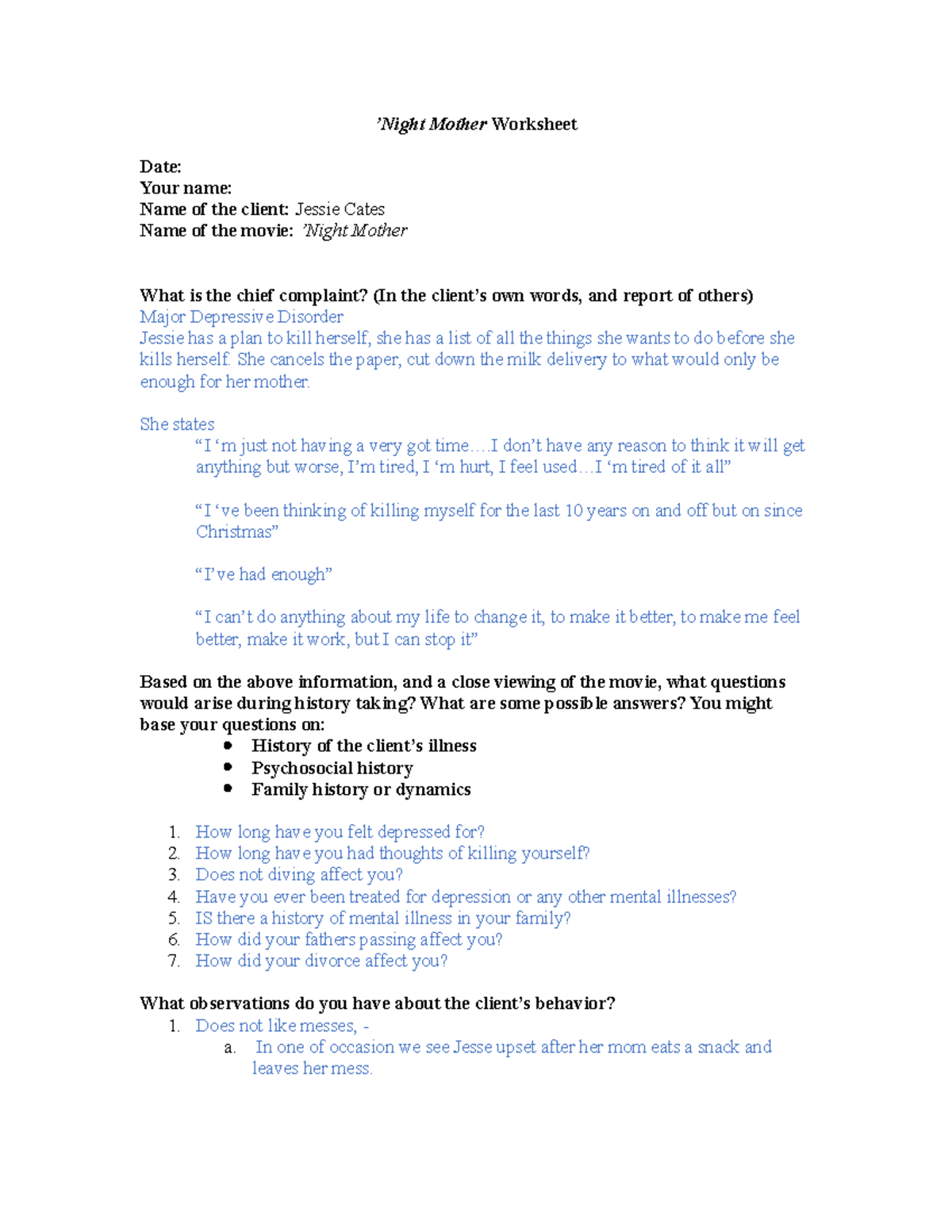 Night Mother - Nursing - ’Night Mother Worksheet Date: Your name: Name ...