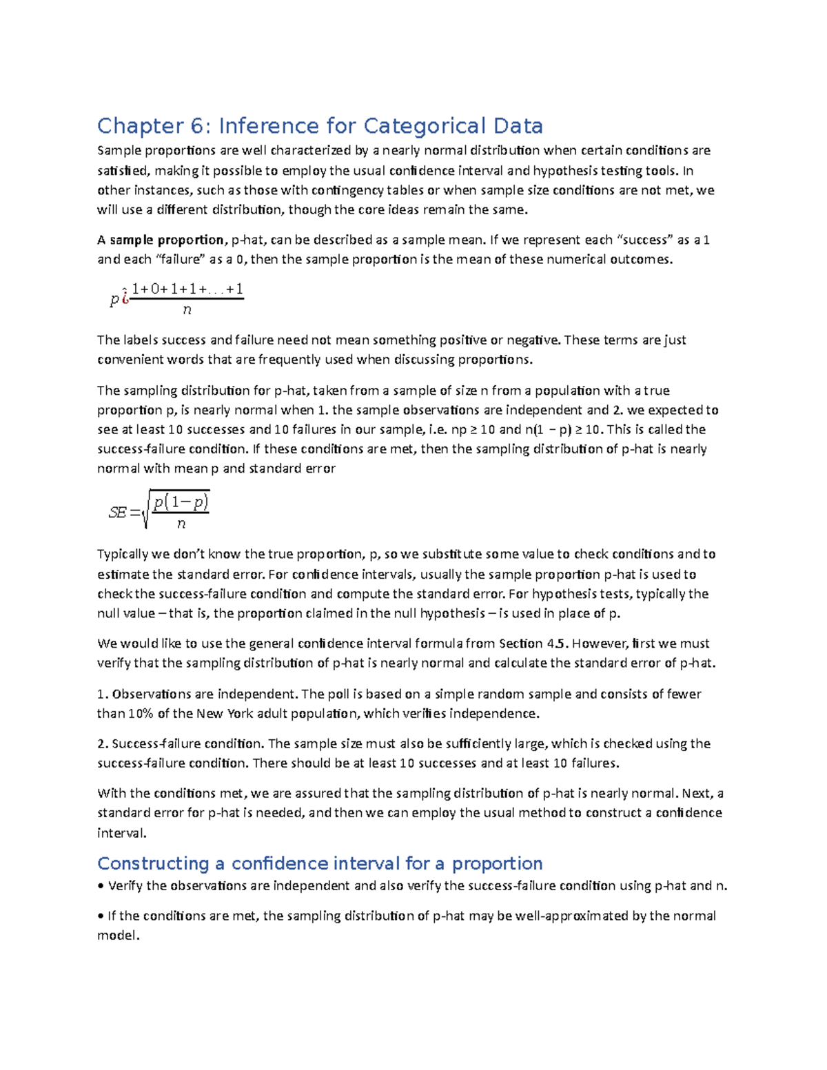 Chapter 6 Lecture Notes - Chapter 6: Inference for Categorical Data ...