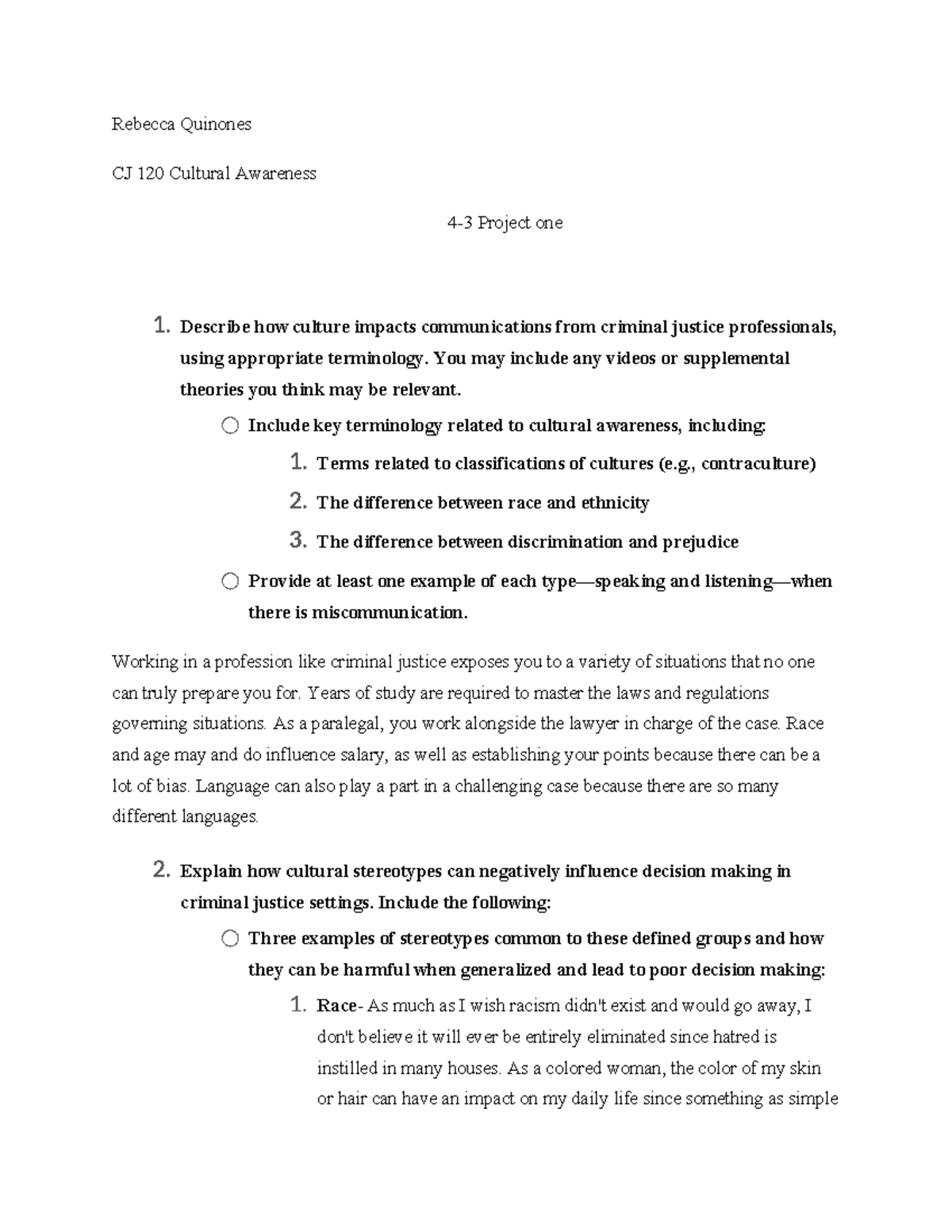 Cj 120 4-3 project - Rebecca Quinones CJ 120 Cultural Awareness 4-3 ...