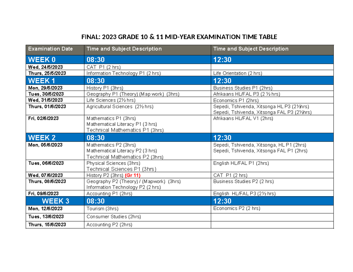 Final 2023 Grade 10 & 11 MID-YEAR Examination TIME Table - FINAL: 2023 ...