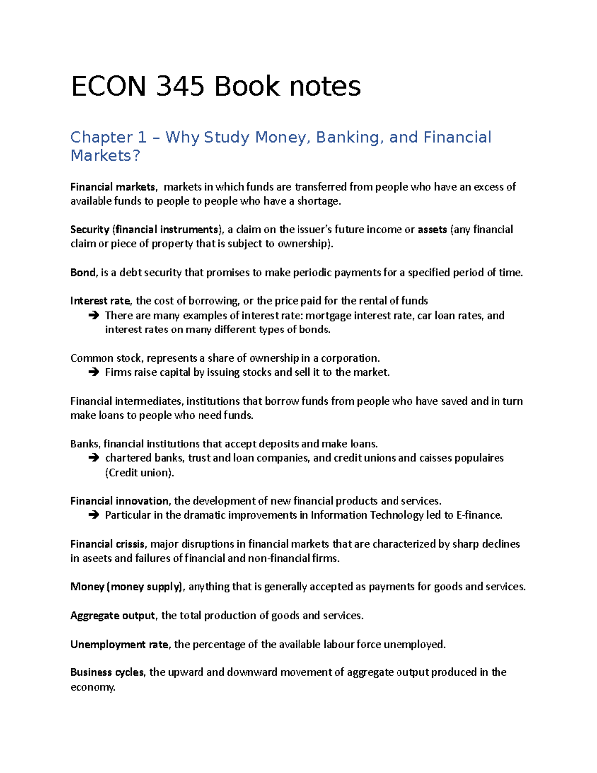 ECON 345 Book notes - ECON 345 Book notes Chapter 1 – Why Study Money ...