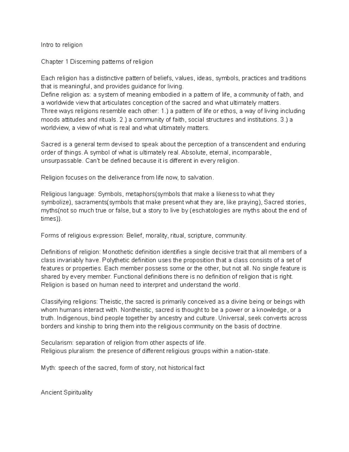 Intro to religion - Lecture notes Unit 1 - Intro to religion Chapter 1 ...