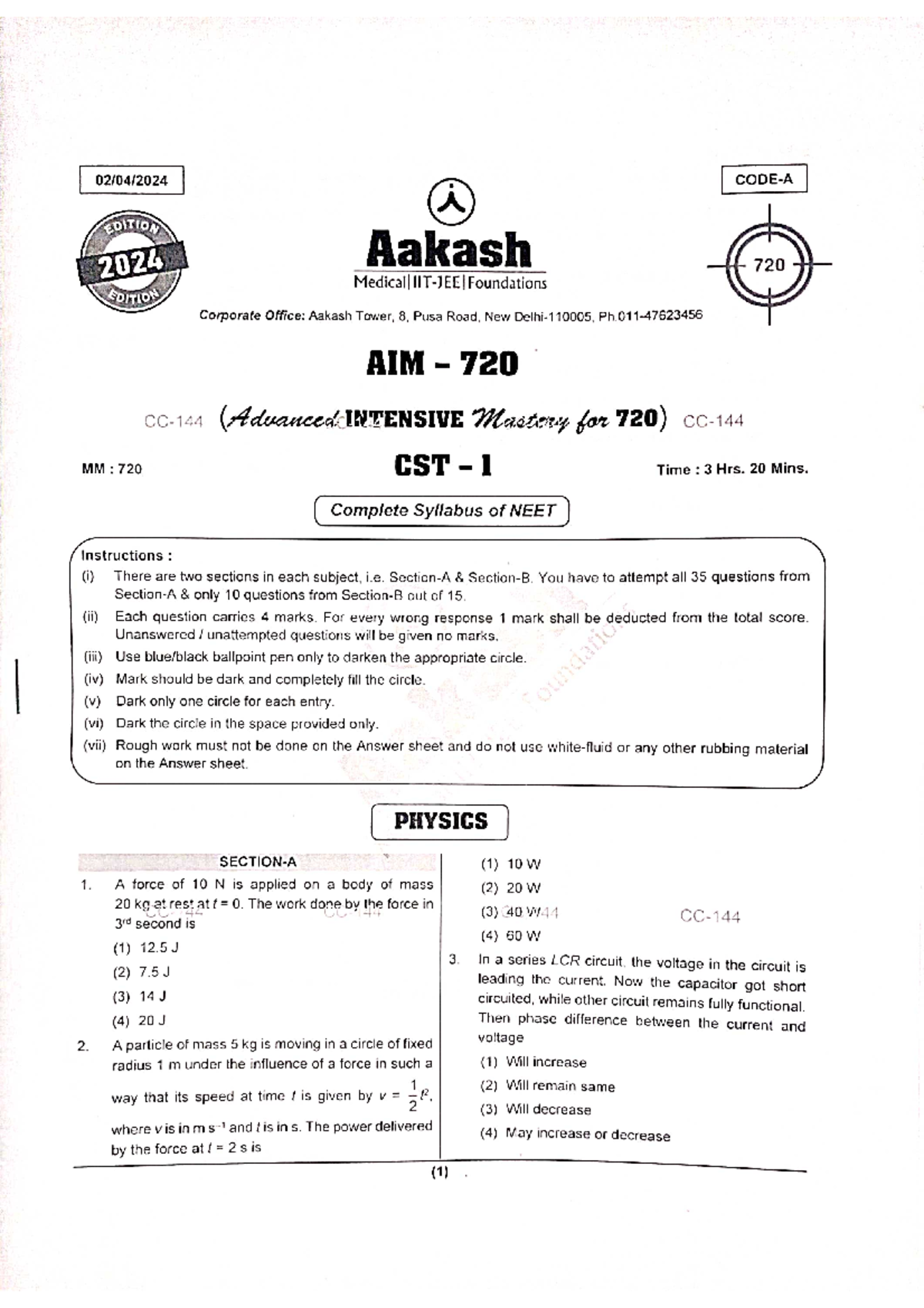 Intensive 2024 CST 1 Code A - Mathematics: Applications and ...