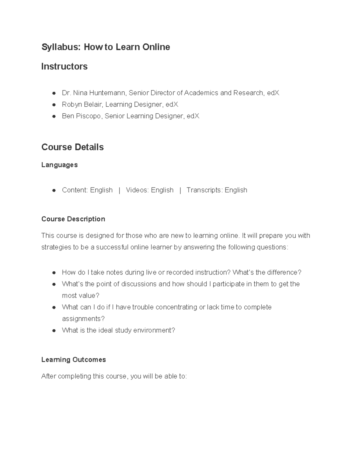 Ed X How to Learn Syllabus April 2020 - Syllabus: How to Learn Online ...