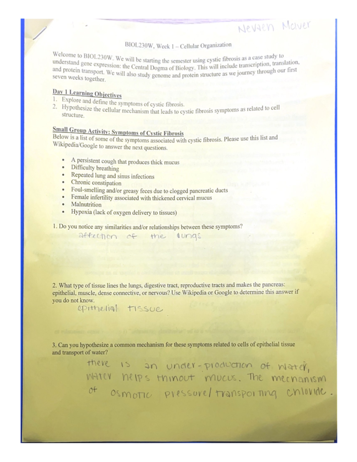 BIOL230W, Week 1 - Cellular Organization - BIOL 230W - Studocu