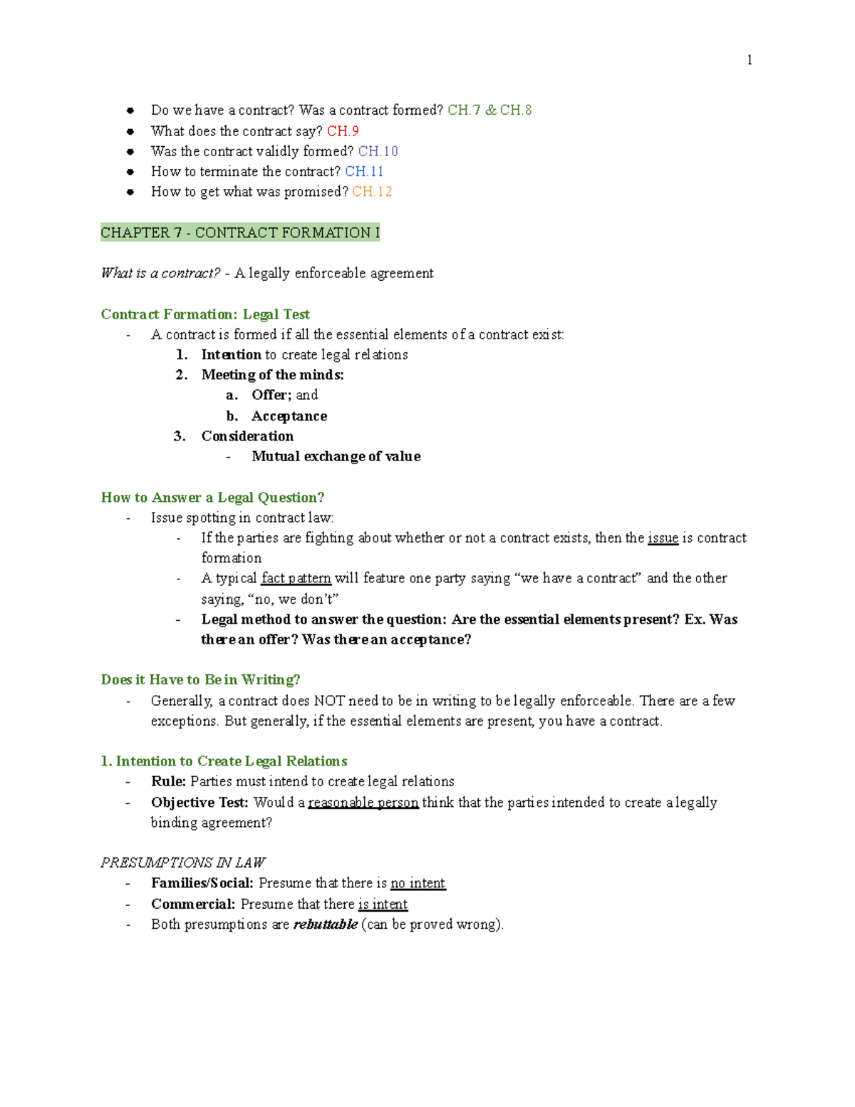 LAW 122 Final EXAM Notes - Do we have a contract? Was a contract formed ...