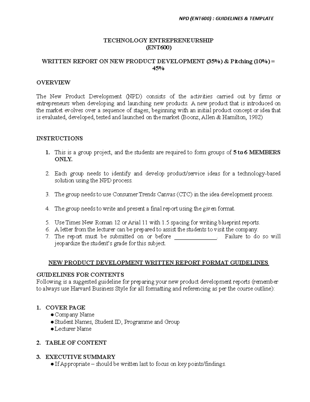ENT600 NPD Guidelines and Template - TECHNOLOGY ENTREPRENEURSHIP ...