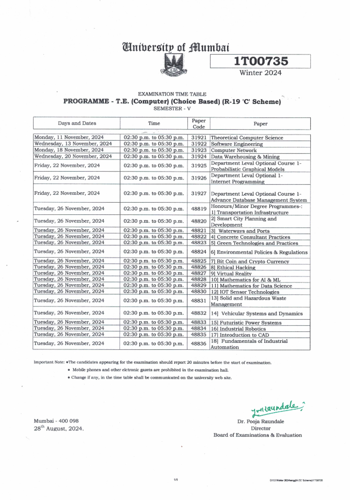 1T00735-w24 - Time table sem5 - University of Mumbai 1T00735 Winter ...
