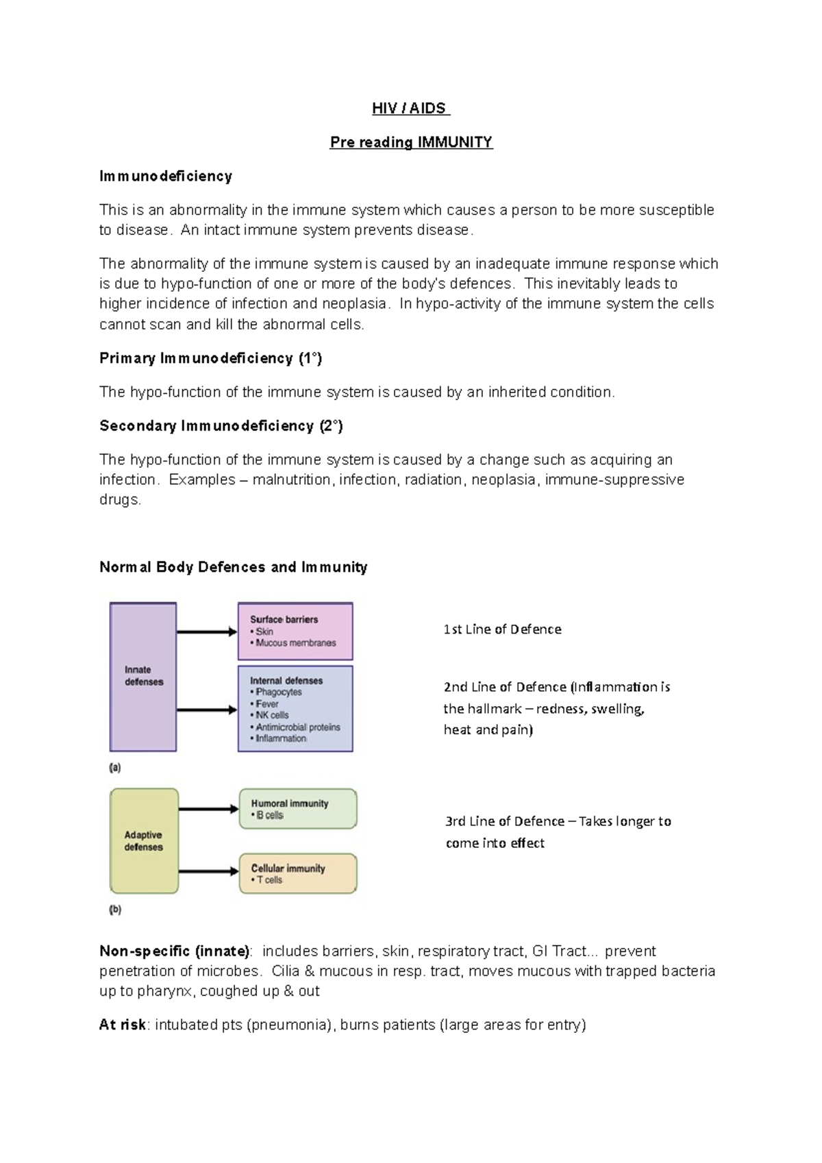 Summary - HIV AIDS Pre Reading, immunity - HIV AIDS Pre reading ...