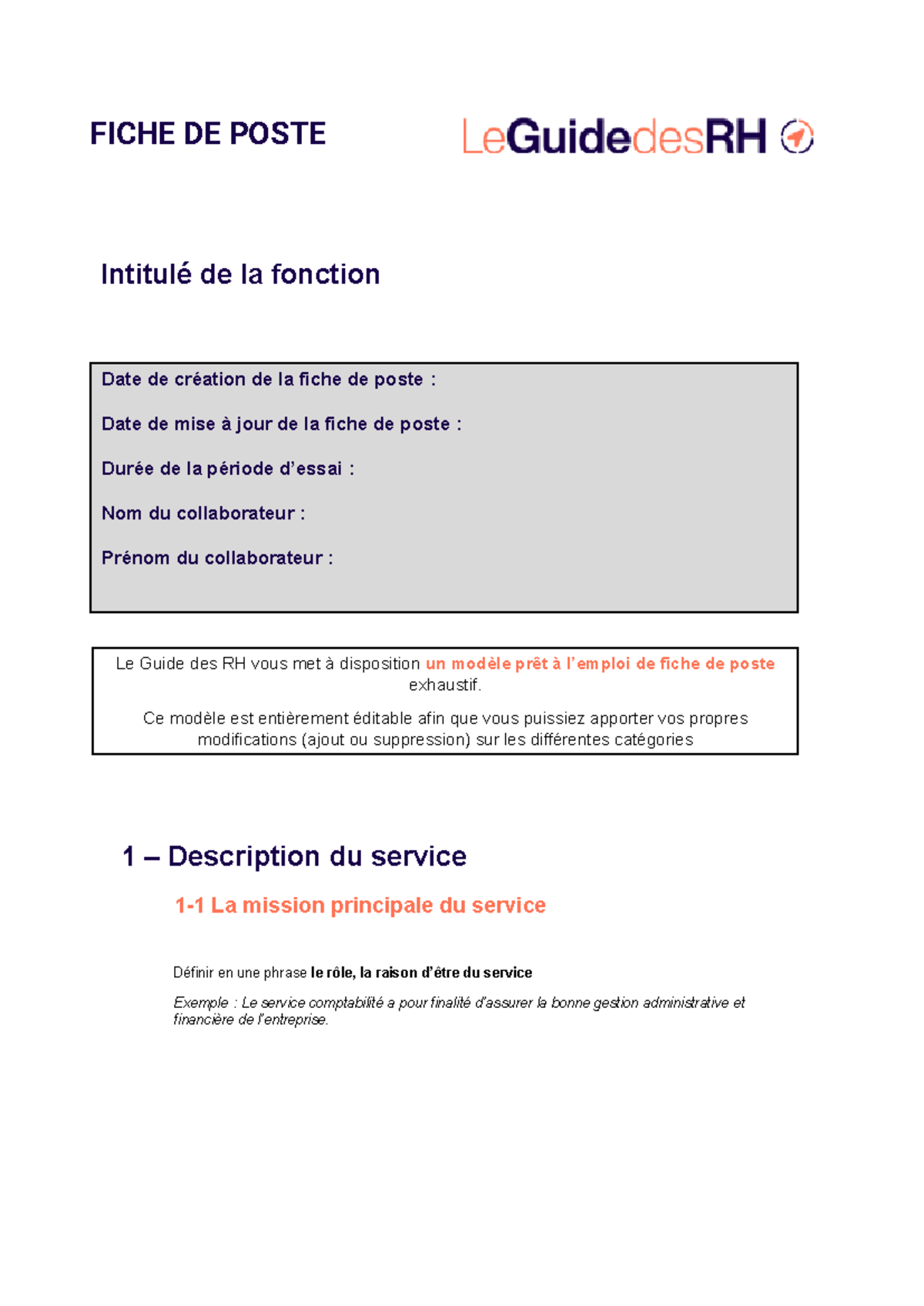 Modele fiche de poste - ras - FICHE DE POSTE Intitulé de la fonction ...