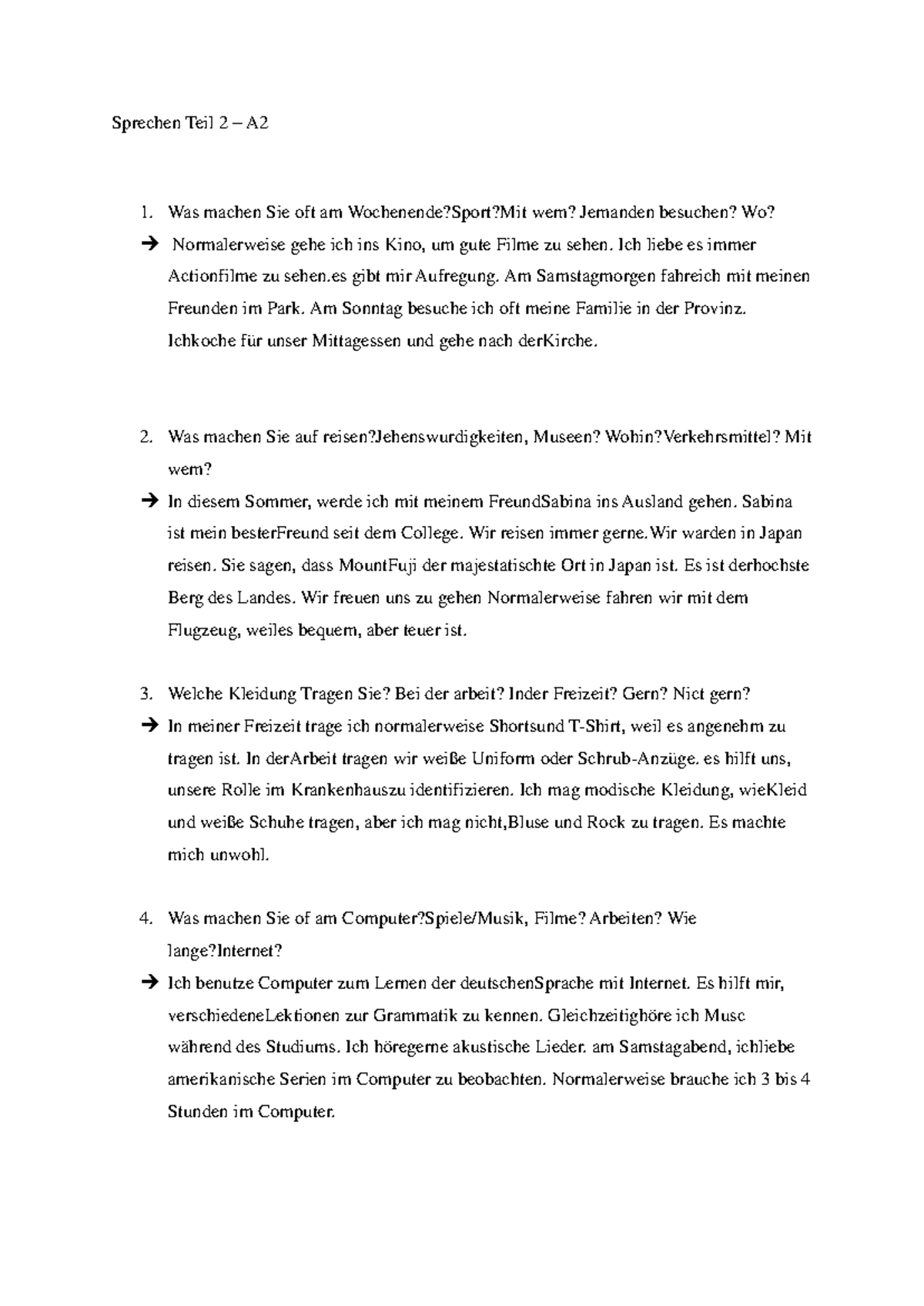 Sprechen Teil 2- solved - Sprechen Teil 2 – A 1. Was machen Sie oft am Wochenende?Sport?Mit wem ...