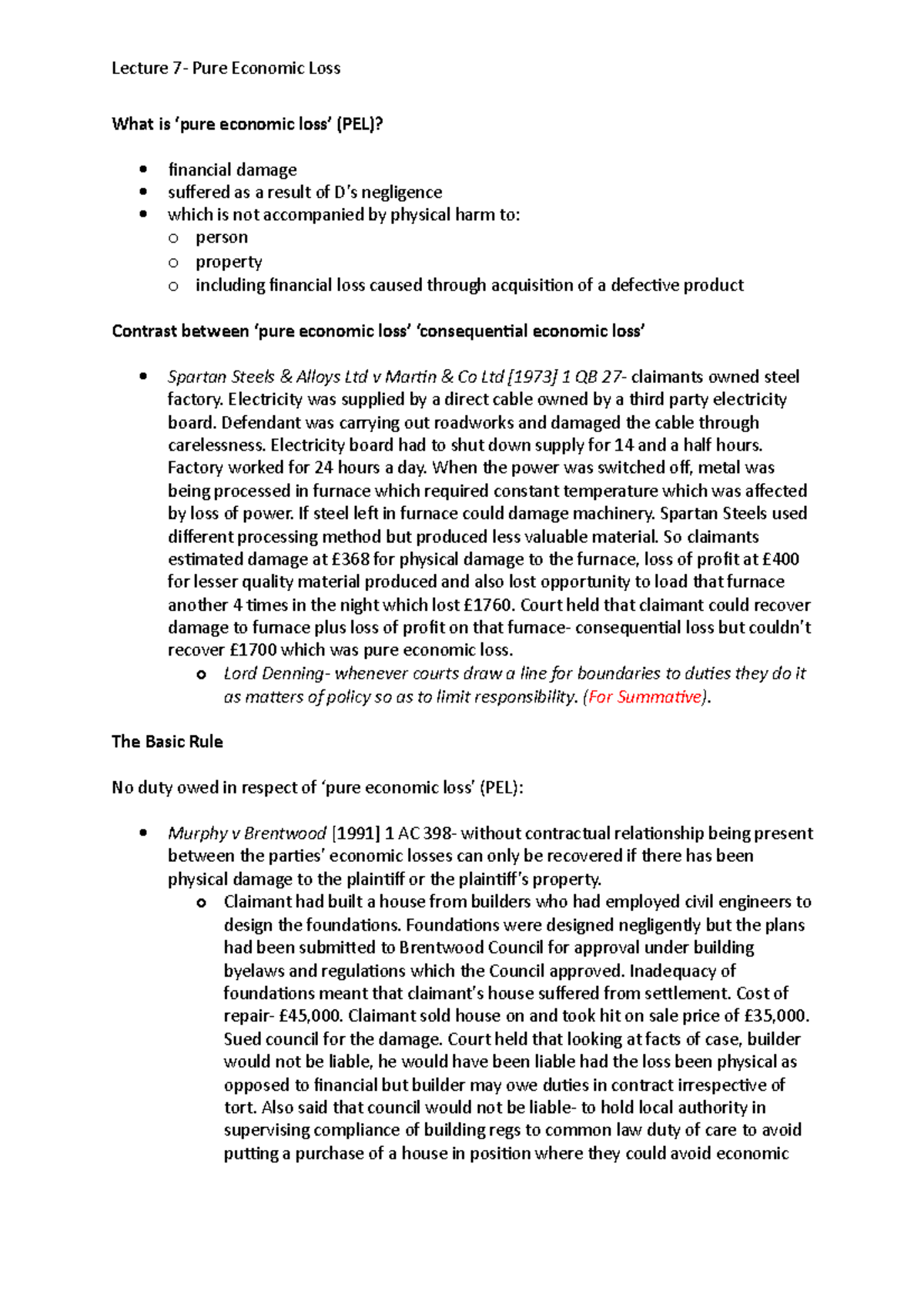 Lecture 7-Pure Economic Loss - What is ‘pure economic loss’ (PEL ...