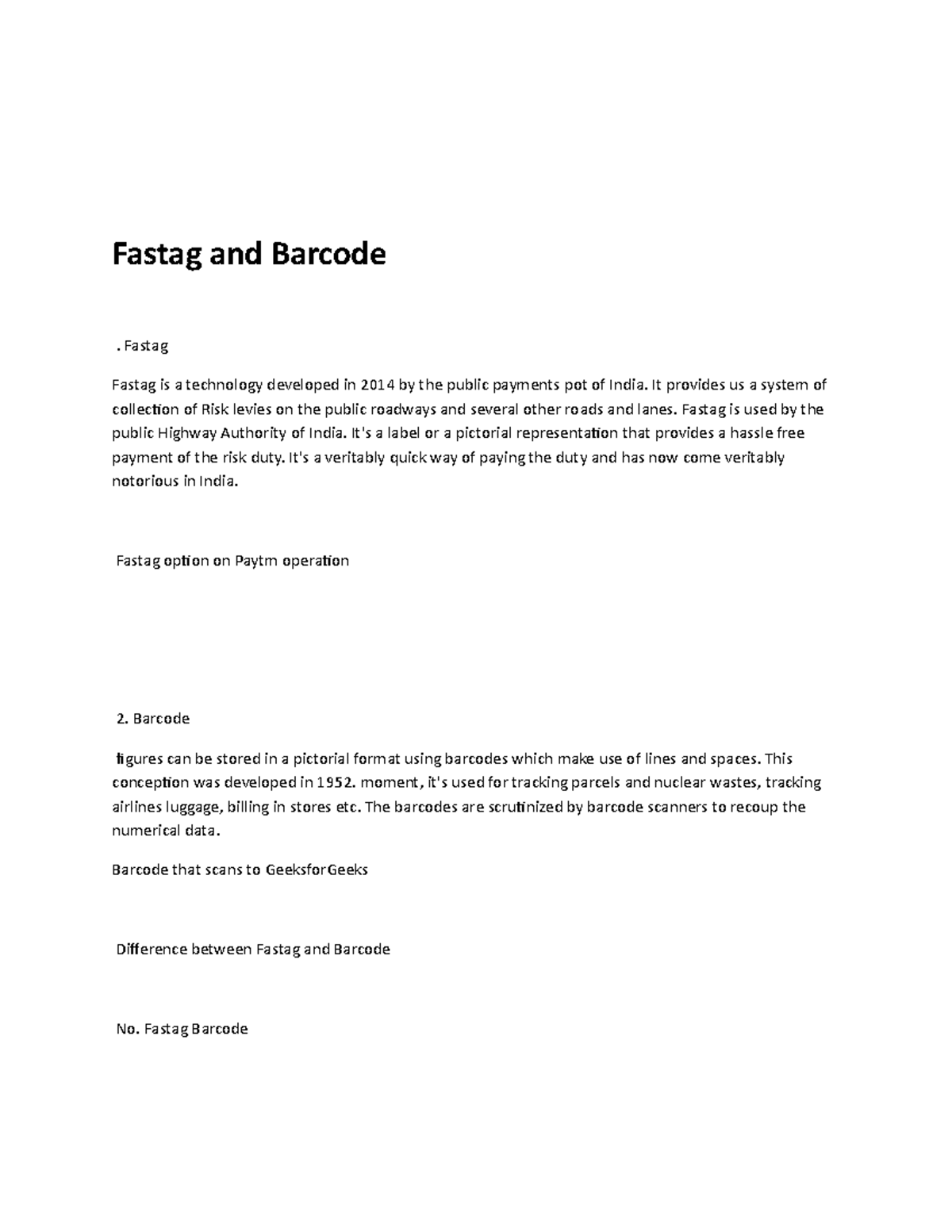 Fastag and Barcode note - Fastag and Barcode . Fastag Fastag is a ...