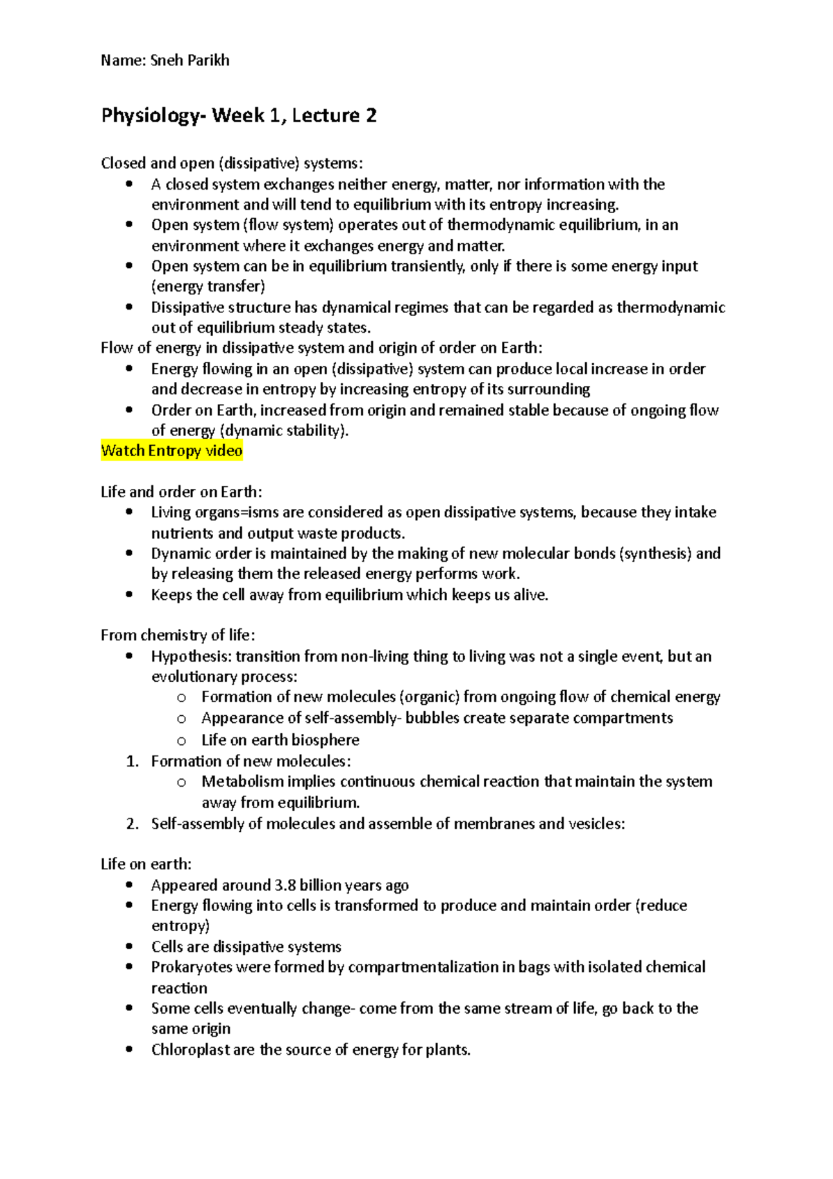 Physiology- Week 1, Lecture 2 - Name: Sneh Parikh Physiology- Week 1 ...