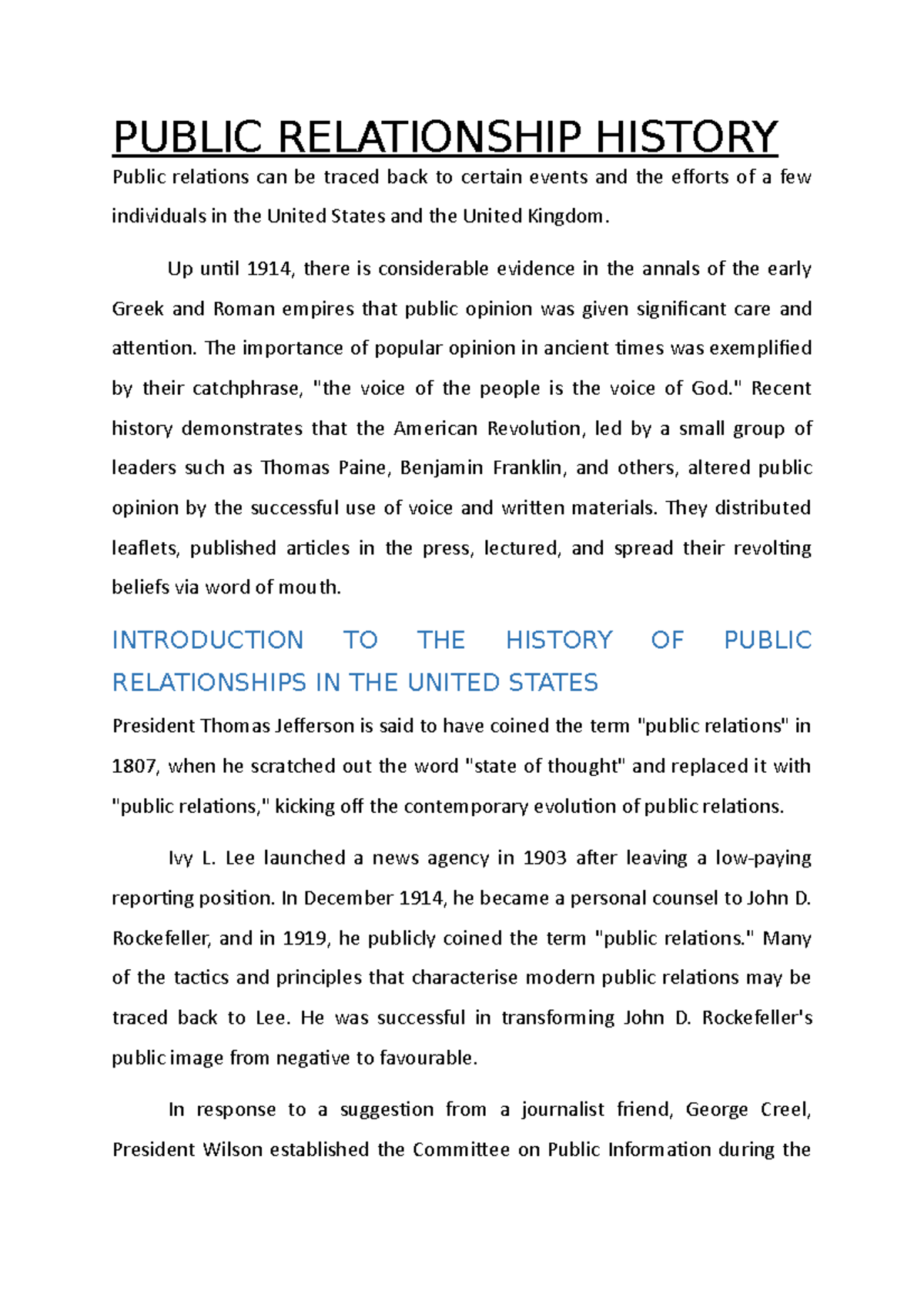 Public Relationship History - PUBLIC RELATIONSHIP HISTORY Public ...