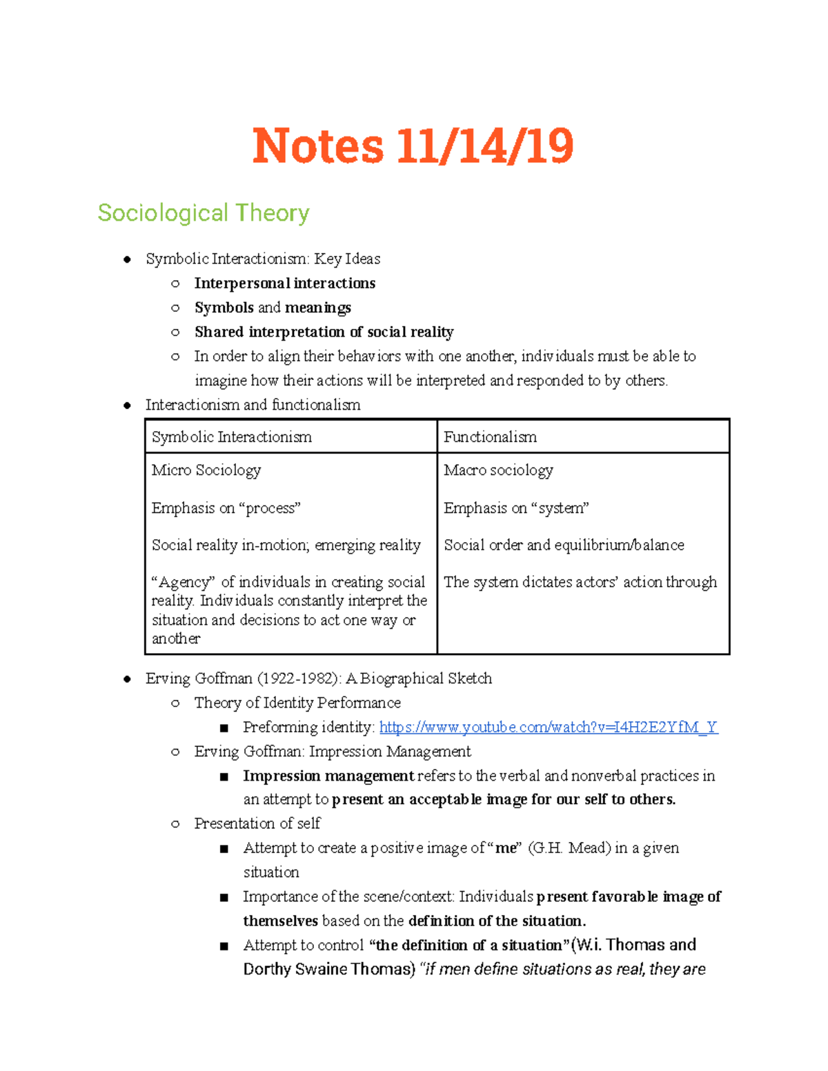 Notes 11 14 19 - Notes 11/14/ Sociological Theory Symbolic ...