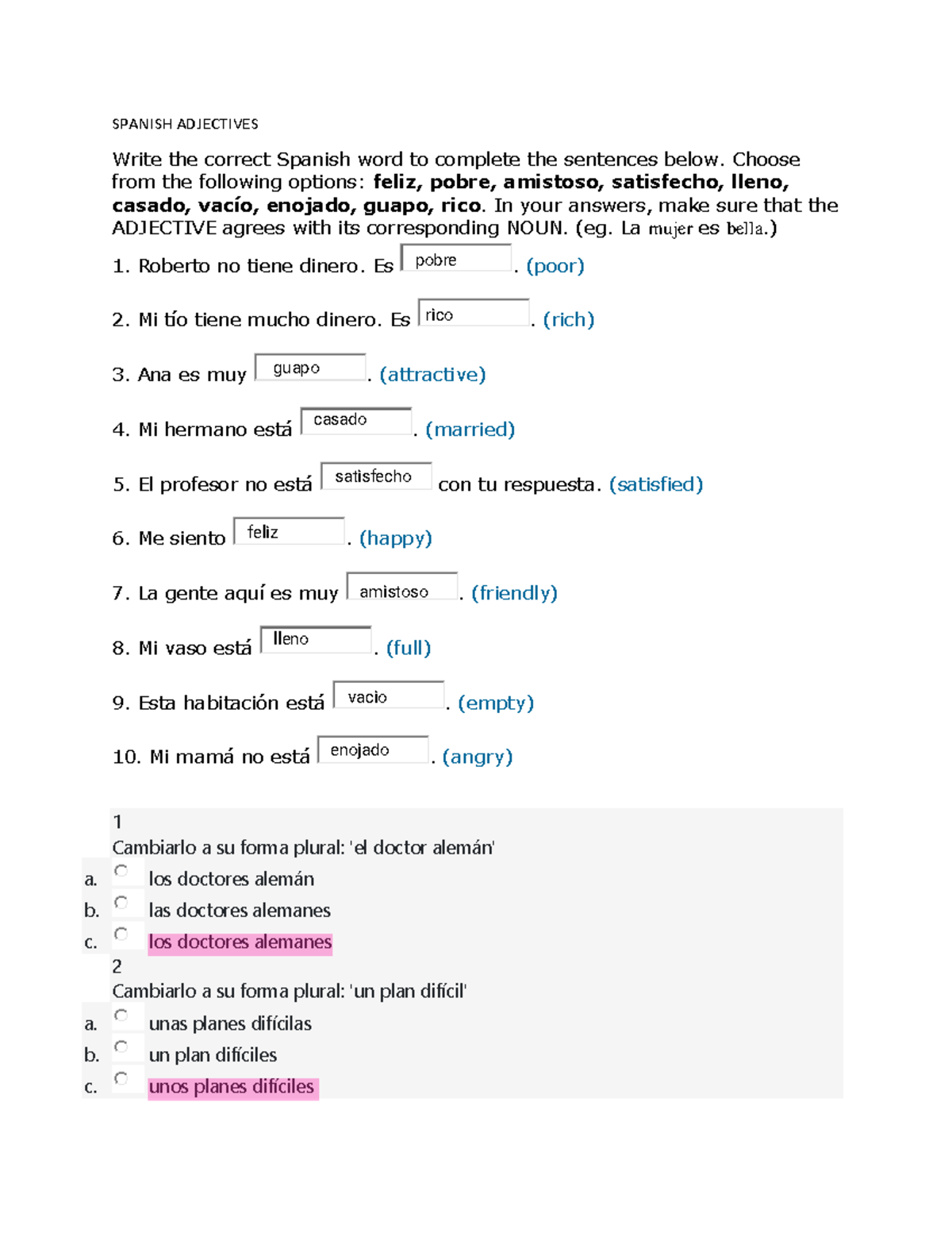 Spanish Adjectives - SPANISH ADJECTIVES Write the correct Spanish word ...
