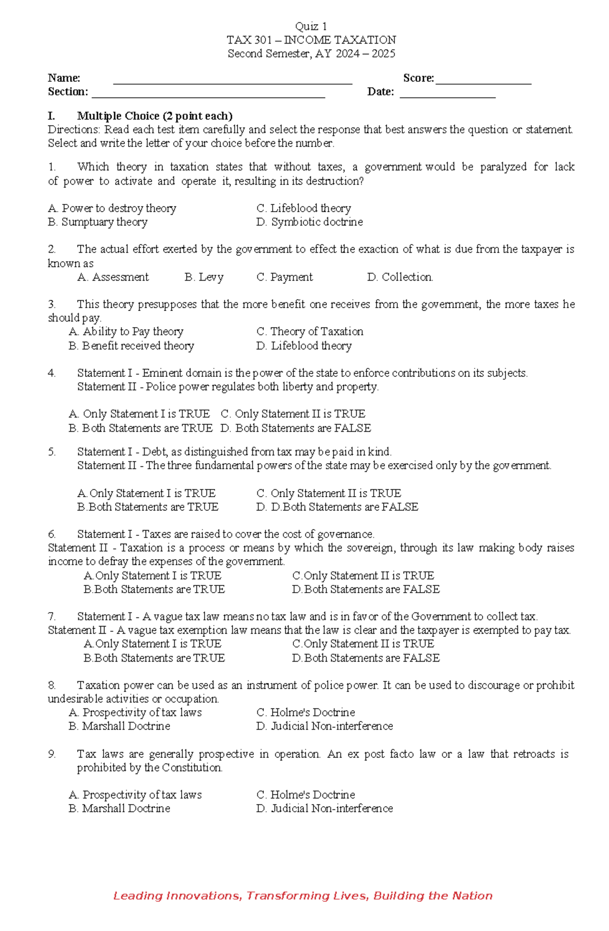 Quiz 1 - No Answer key - Lecture - Quiz 1 TAX 301 – INCOME TAXATION ...