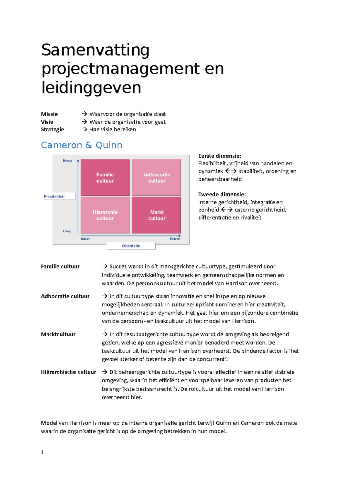 Samenvatting projectmanagement en leidinggeven - De persoonscultuur uit ...