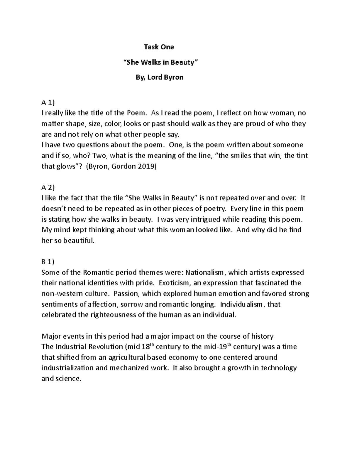 Task One Humanities - Performance Assessment - Task One “She Walks in ...