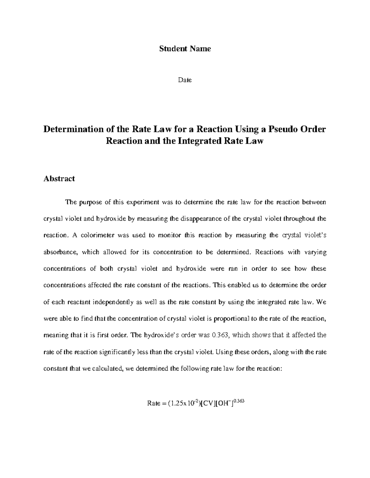 Example Formal Report Student Name Date Determination Of The Rate Law