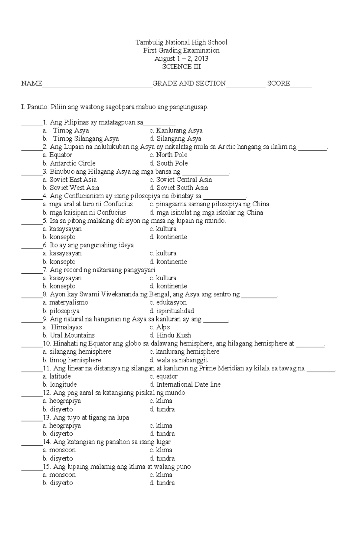 First grading in Arpan - Tambulig National High School First Grading ...