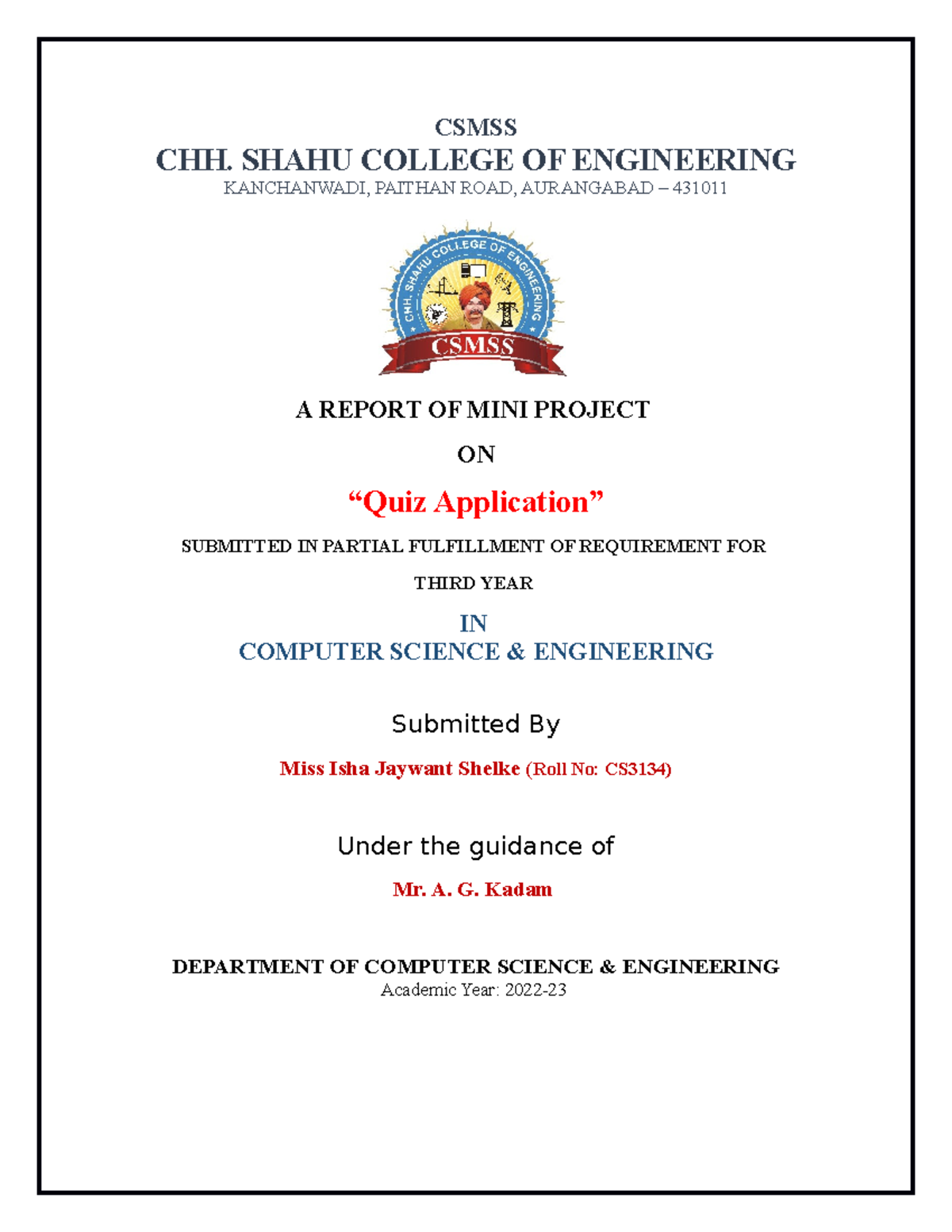 Mini Project Report Format 22 23 CSMS Front pages - CSMSS CHH. SHAHU COLLEGE OF ENGINEERING ...