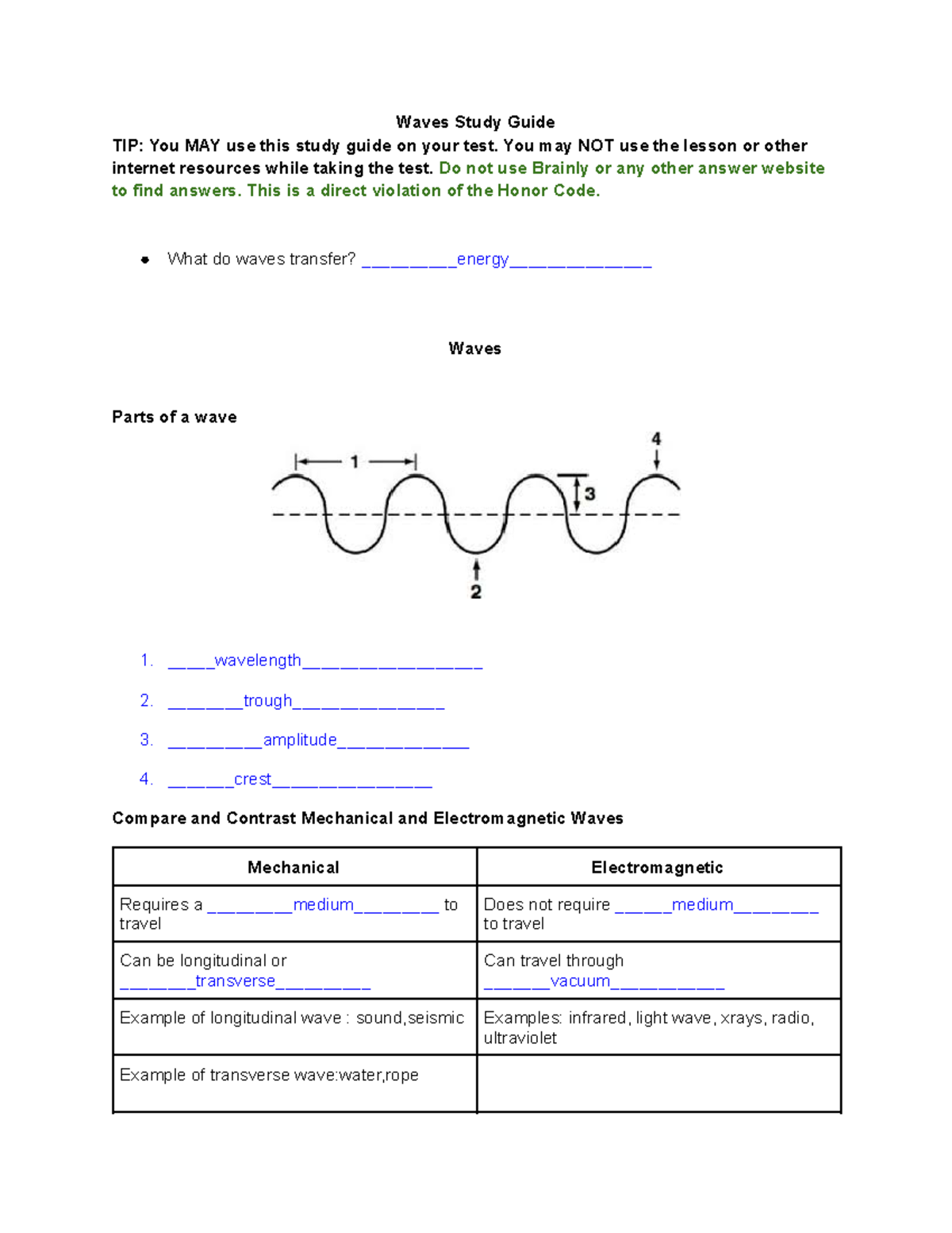 Copy of Unit 7B Waves Study Guide - Waves Study Guide TIP: You MAY use ...