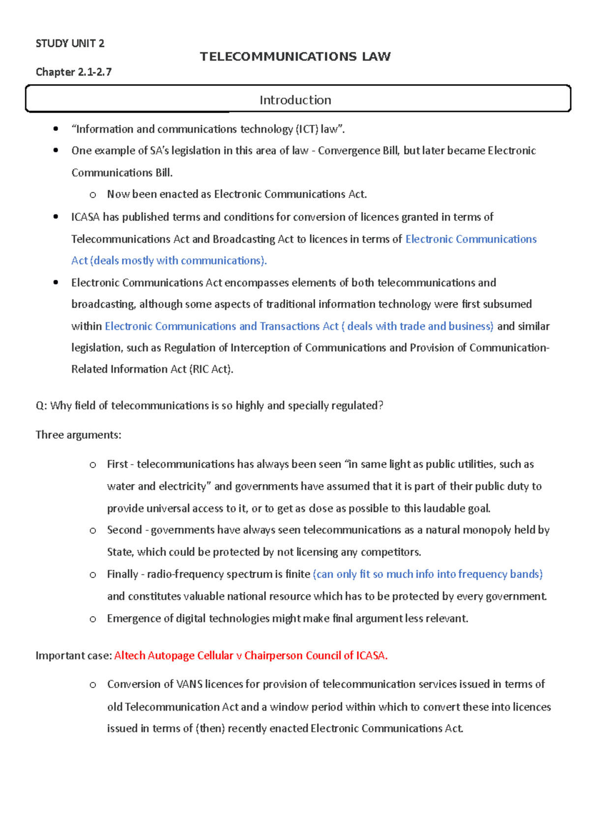 Study unit 2 Telecommunication law - STUDY UNIT 2 TELECOMMUNICATIONS ...
