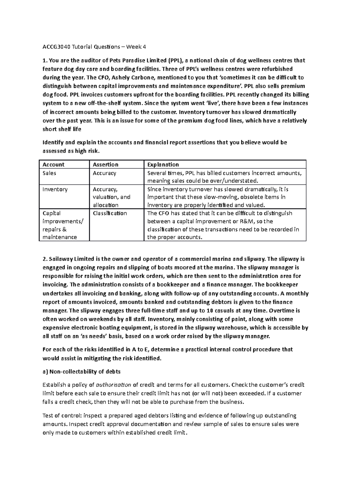 Tutorial Qs - Week 4 - ACCG3040 Tutorial Questions – Week 4 1. You are ...
