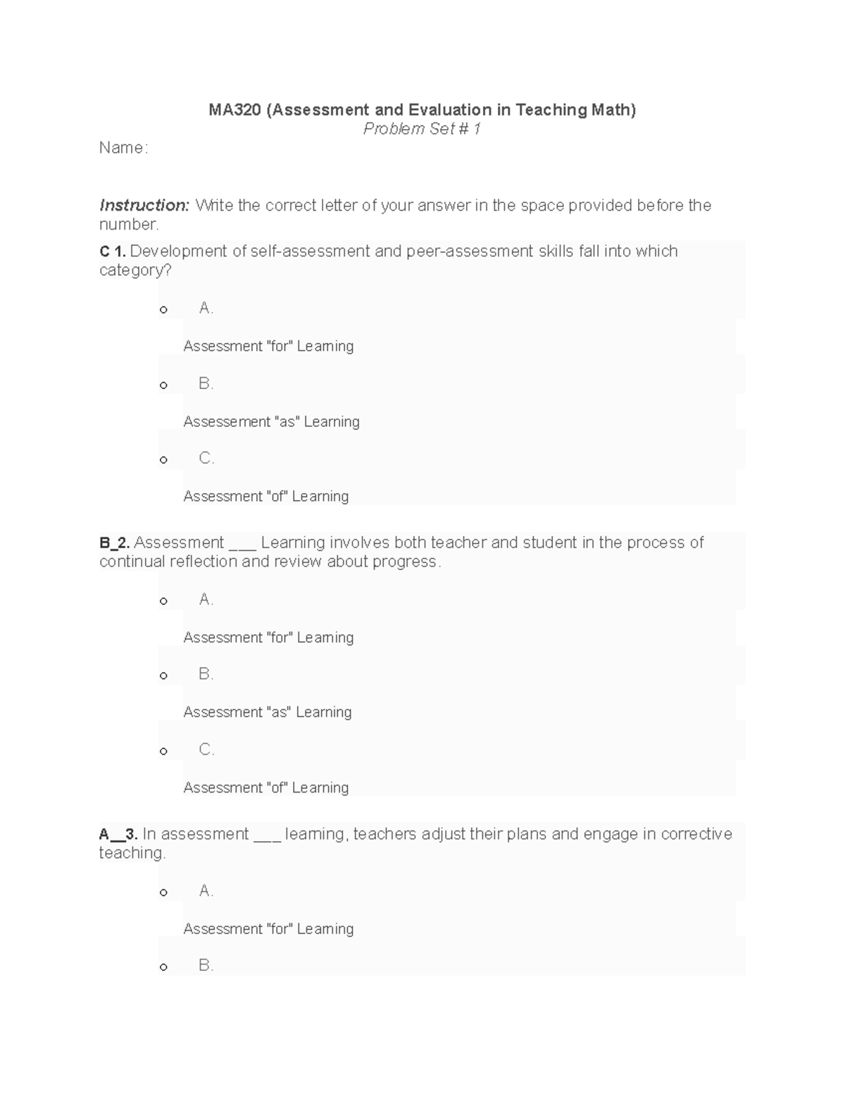Activity 1 Johnrey - our assignment - MA320 (Assessment and Evaluation ...